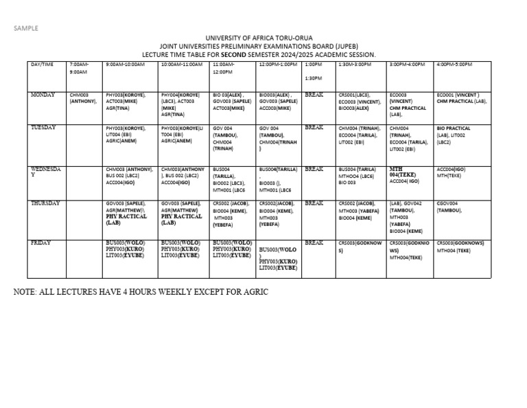 JUPEB_TIME_TABLE._2ND_SEMESTERdocx[1] | PDF | Educational Stages | Higher Education