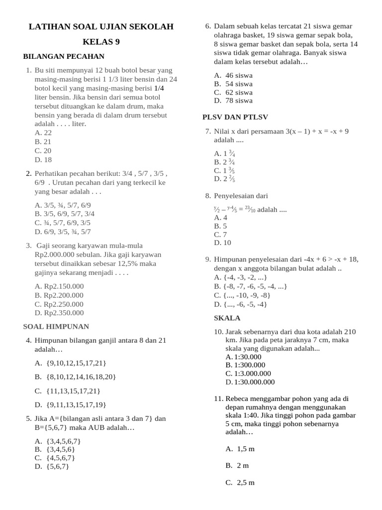 Latihan Soal Ujian Sekolah Kelas 9 | PDF