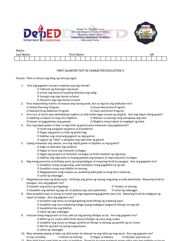 Character Education V Test Questions | PDF