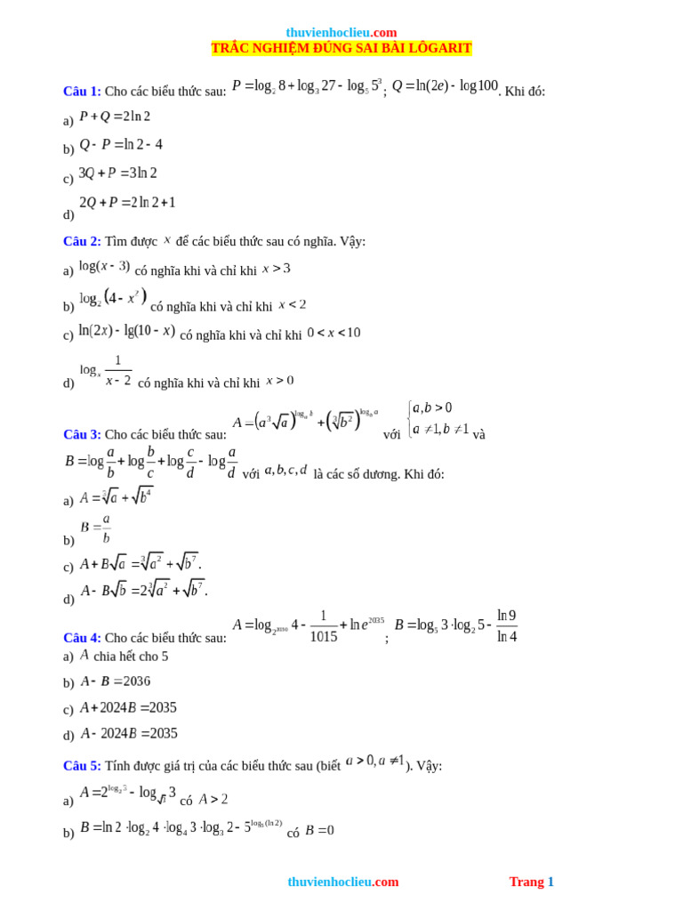 15 Cau Trac Nghiem Dung Sai LOGARIT | PDF