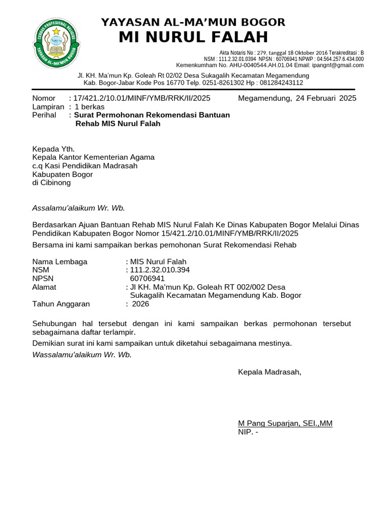 Surat Permohonan Rekomendasi Kemenag | PDF