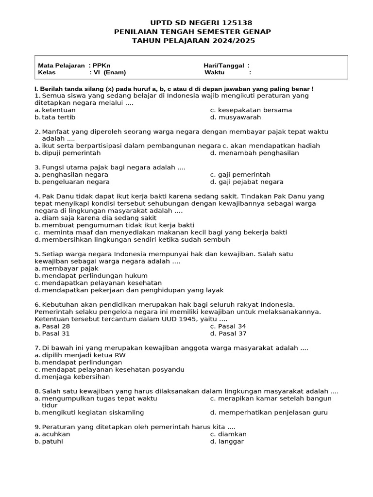 Soal PKN Mid Genap Kelas 6 | PDF