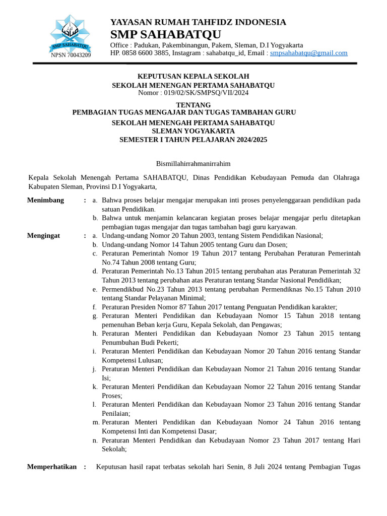 019.a. SK Pembagian Tugas Mengajar dan Tugas Tambahan Guru Keperluan Sekolah REVISI PER 18 OKT ...