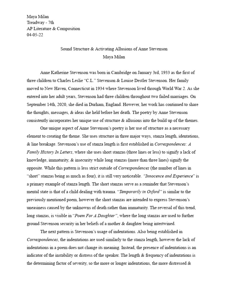 Analyzing Anne Stevenson's Poetic Structure | PDF | Poetry