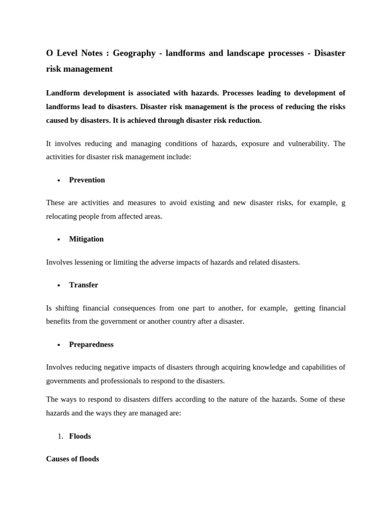 O Level Notes Geography Landforms and Landscape Processes Disaster Risk ...