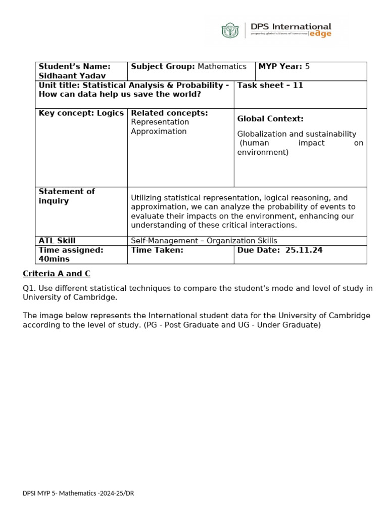 MYP5-Math Tasksheet 11 Statistics | PDF | Histogram | Median