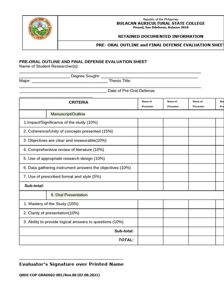 Pre Oral Final Thesis Defense Criteria of Evaluation 1 | PDF | Thesis
