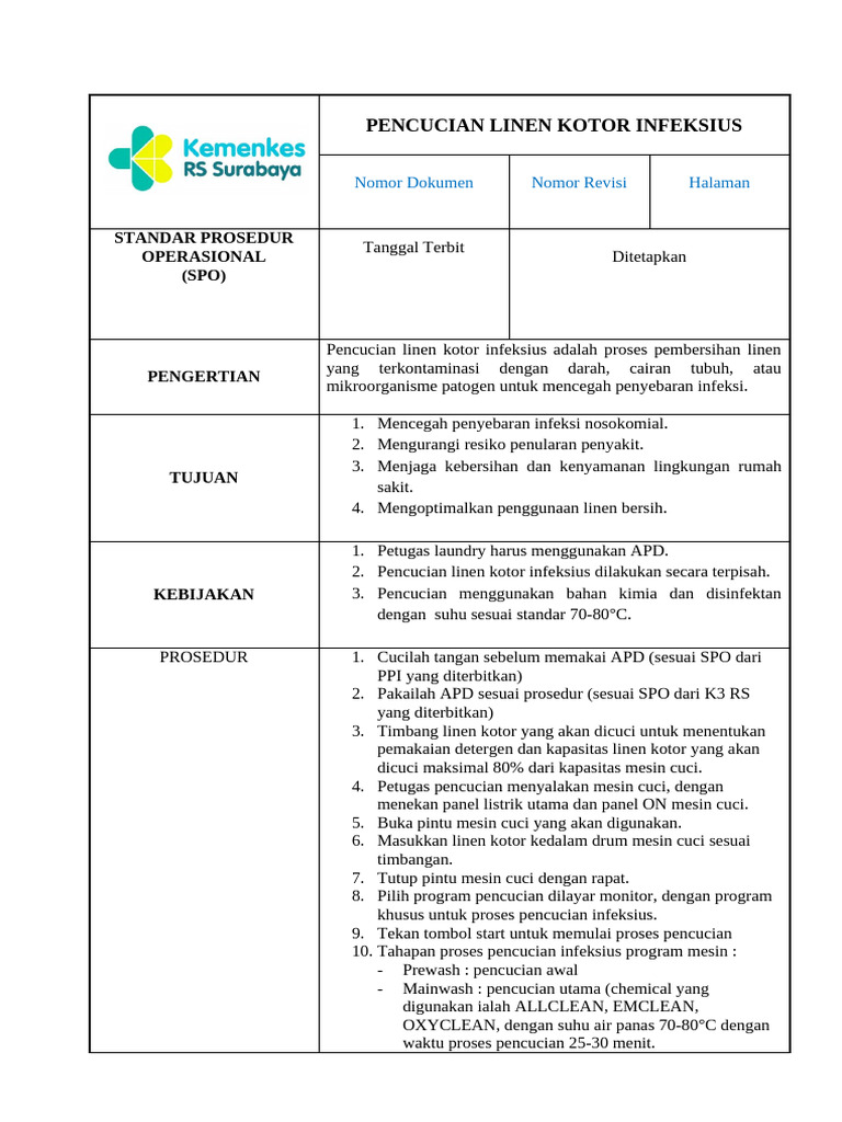 Spo Laundry RSKS - Pencucian Infeksius | PDF