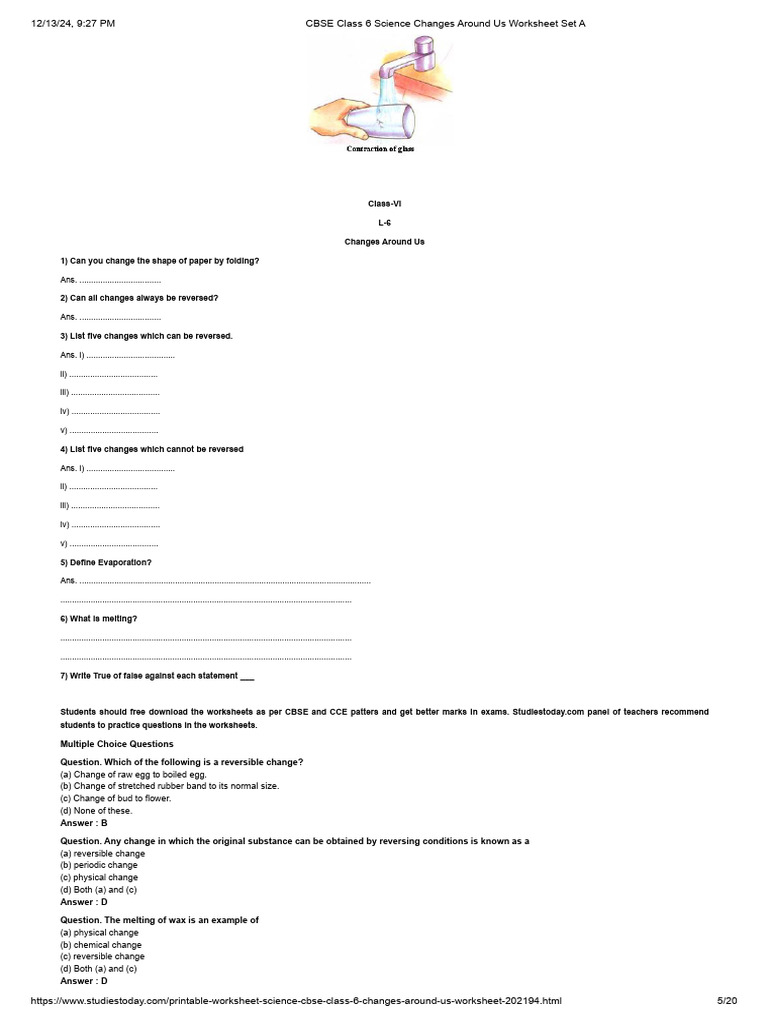 CBSE Class 6 Science Changes Around Us Worksheet Set A | PDF | Water | Chemical Substances