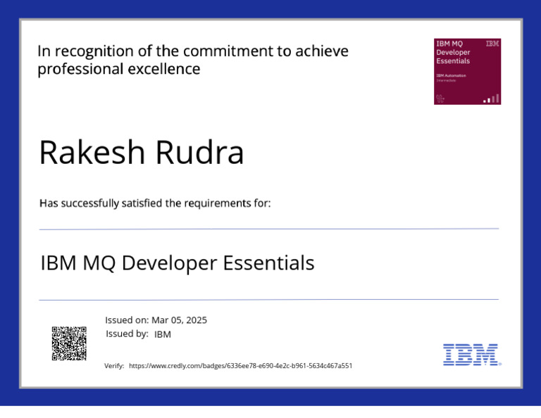 IBM MQ Developer Essentials - Certificate of Completion - Rakesh Rudrachar | PDF