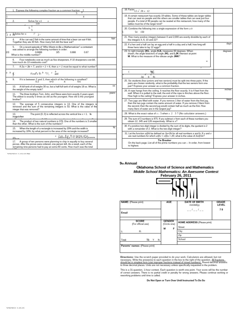 Middle School Math Contest Problems | PDF | Mathematics | Elementary ...