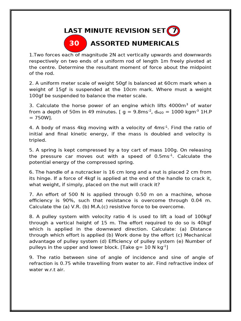 Last Minute Revision Set 7 Numericals | PDF | Water | Force