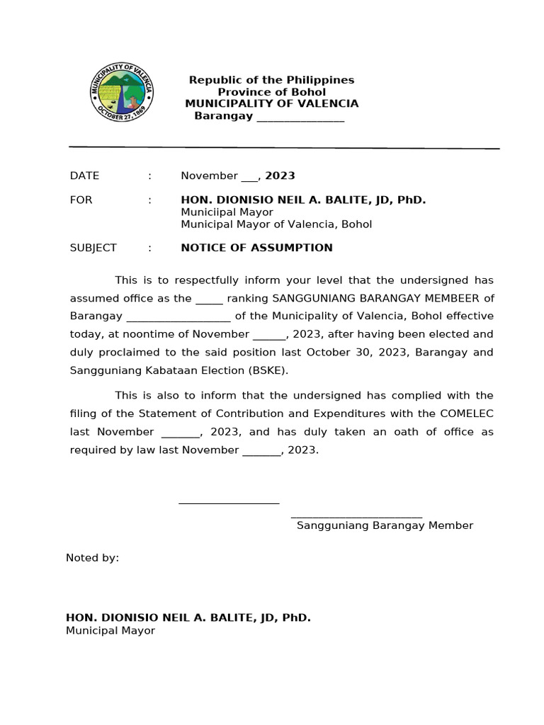 Notice of Assumption for Barangay Member | PDF