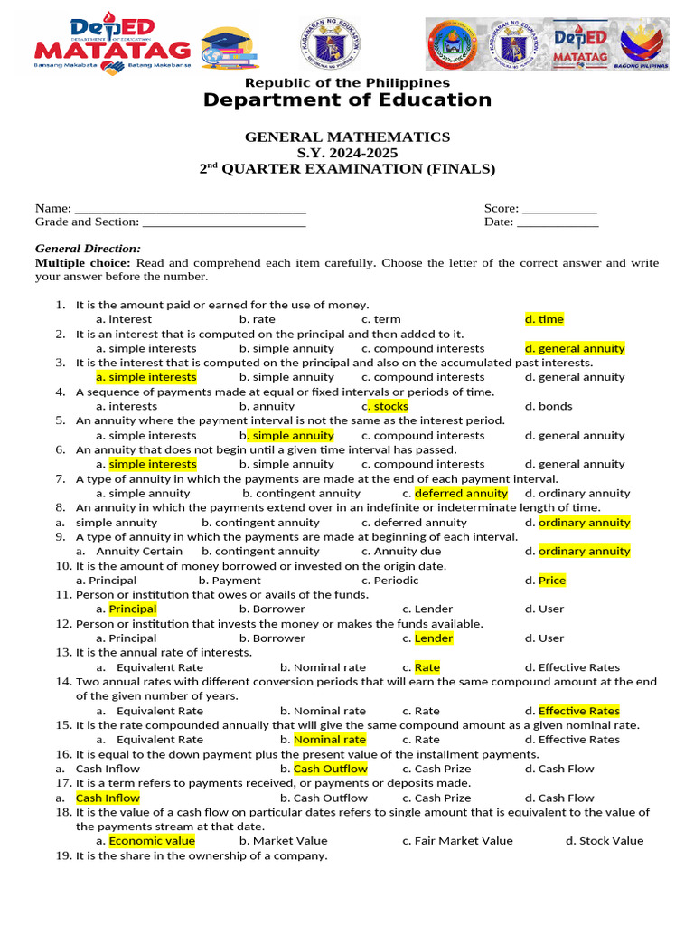General Mathematics - q2 Exam With Answer Key | PDF | Bonds (Finance ...