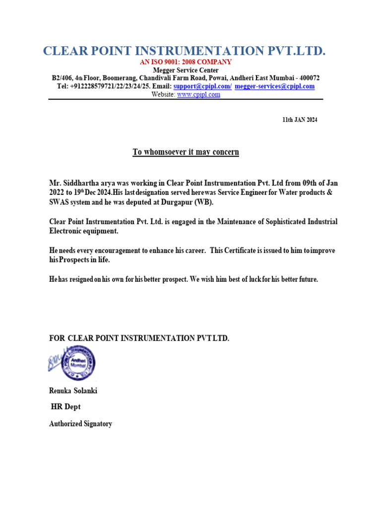 Experience Letter For Siddharth Arya | PDF