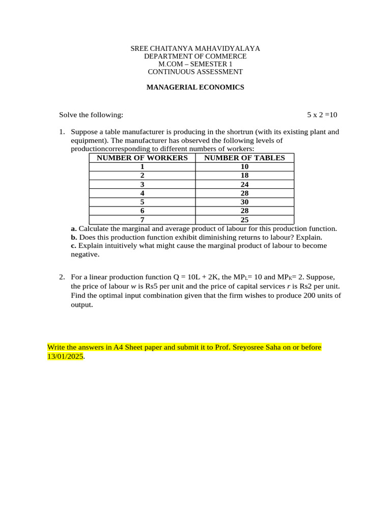 Mcom Managerial Eco Continuous Assessment 2025 | PDF