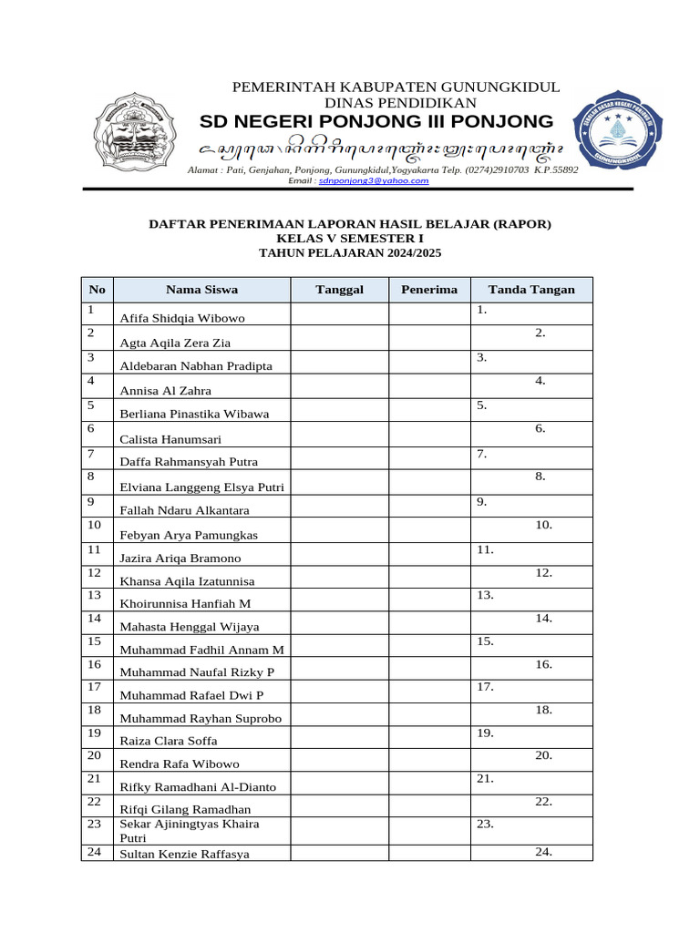 Daftar Penerimaan Rapor | PDF