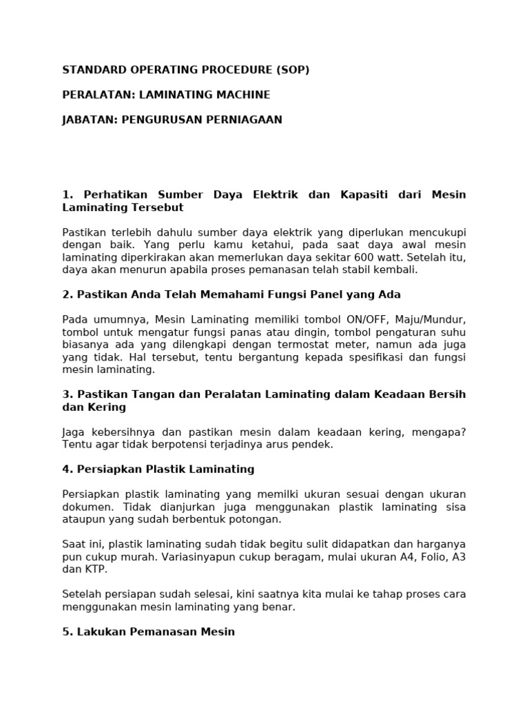 Standard Operating Procedure Laminating 1 | PDF