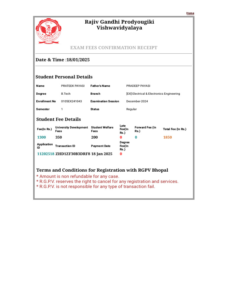 RGPV Exam Fees Confirmation Receipt | PDF