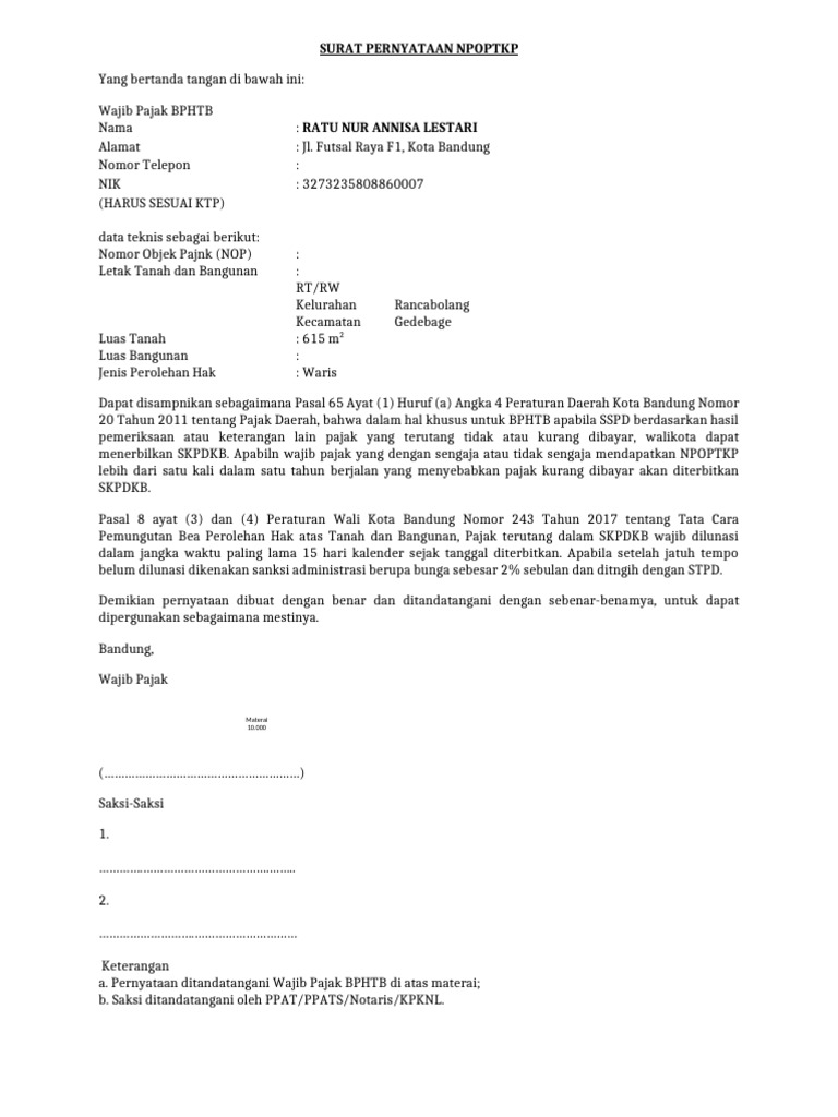 Surat Pernyataan NPOPTKP BPHTB 2025 | PDF
