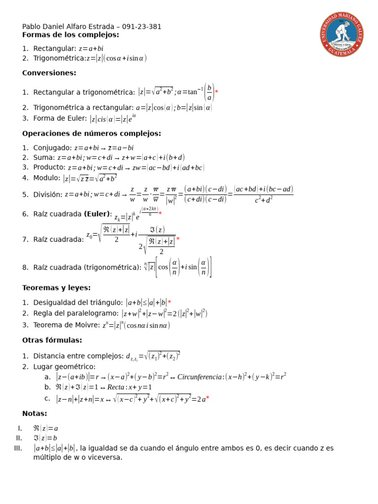 Formulario Variable Compleja | PDF | Raíz cuadrada | Triángulo