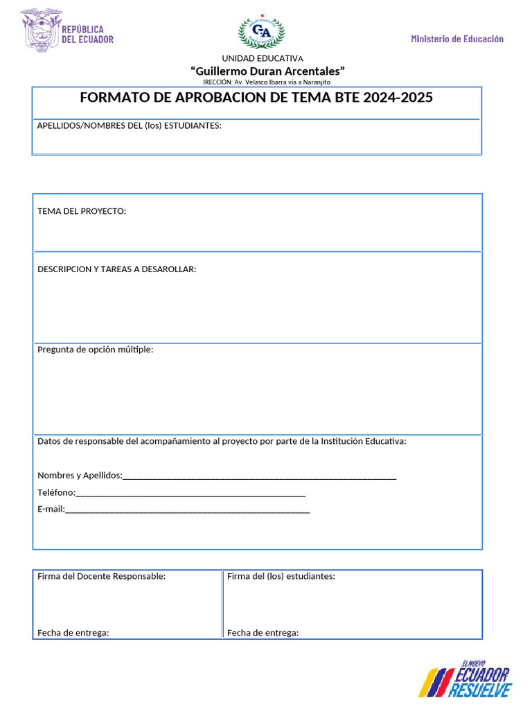 FORMATO DE APROBACION DE TEMA BTE 2024 | PDF