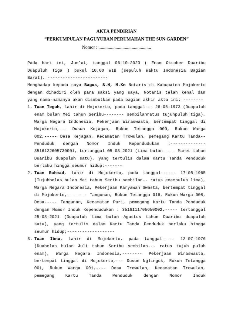 Akta - Pendirian - Paguyuban Perumahan Sun Garden | PDF