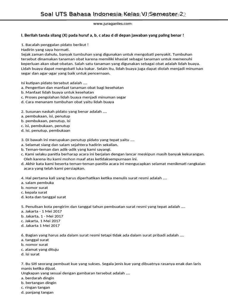 Soal UTS Bahasa Indonesia Kelas 6 Semester 2 | PDF