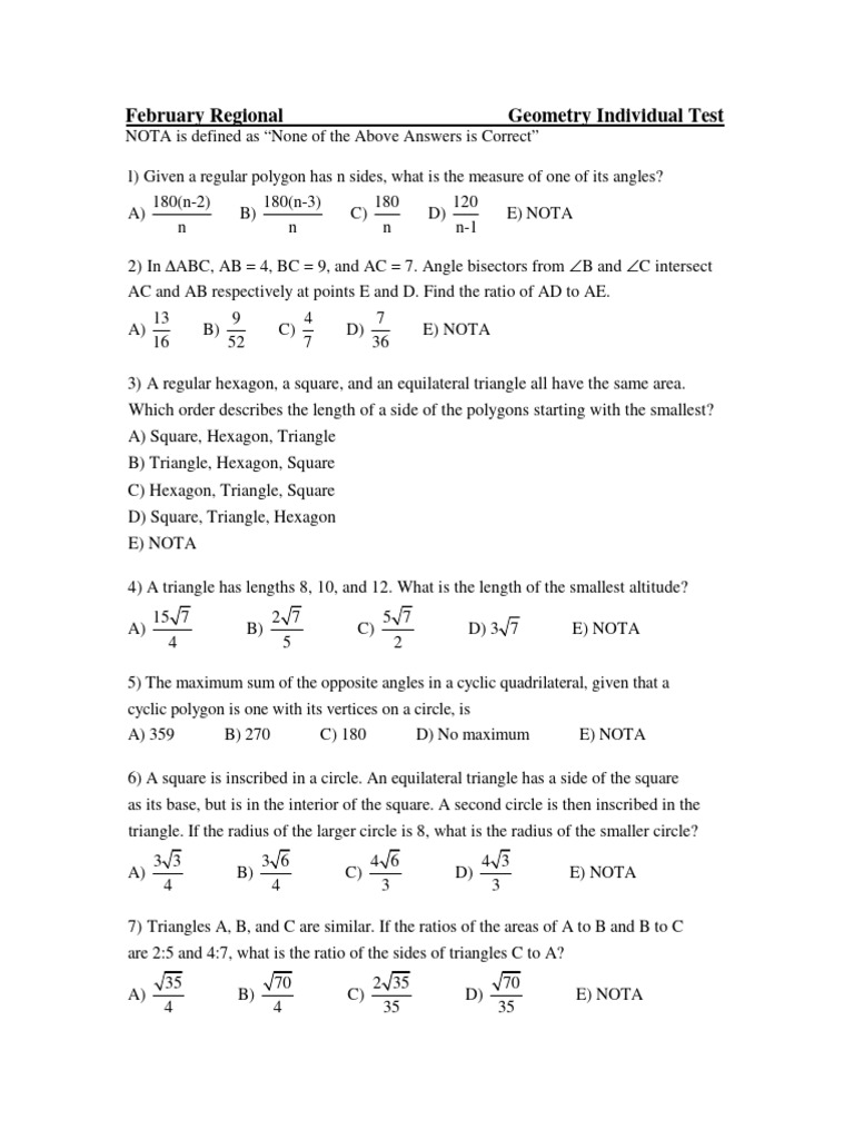 6170 T - Geometry Individual Test | PDF | Triangle | Area