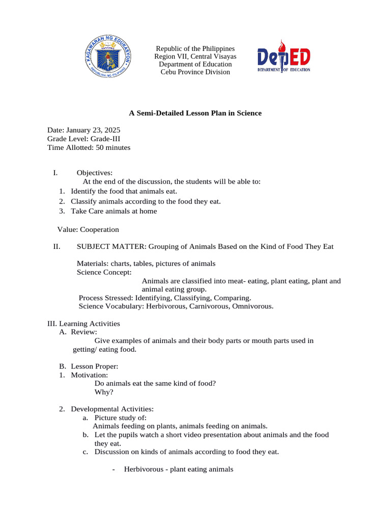 Lesson Plan in Science ANIMALS | PDF | Foods | Animals And Humans