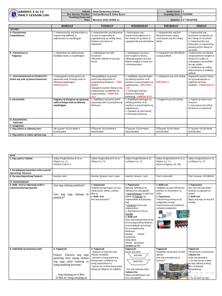 Grade 5 DLL FILIPINO 5 Q4 Week 4 | PDF
