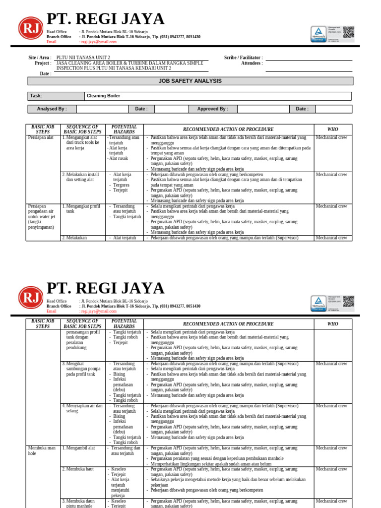 JSA GABUNGAN (BOILER, CONDENSOR) Kendari | PDF
