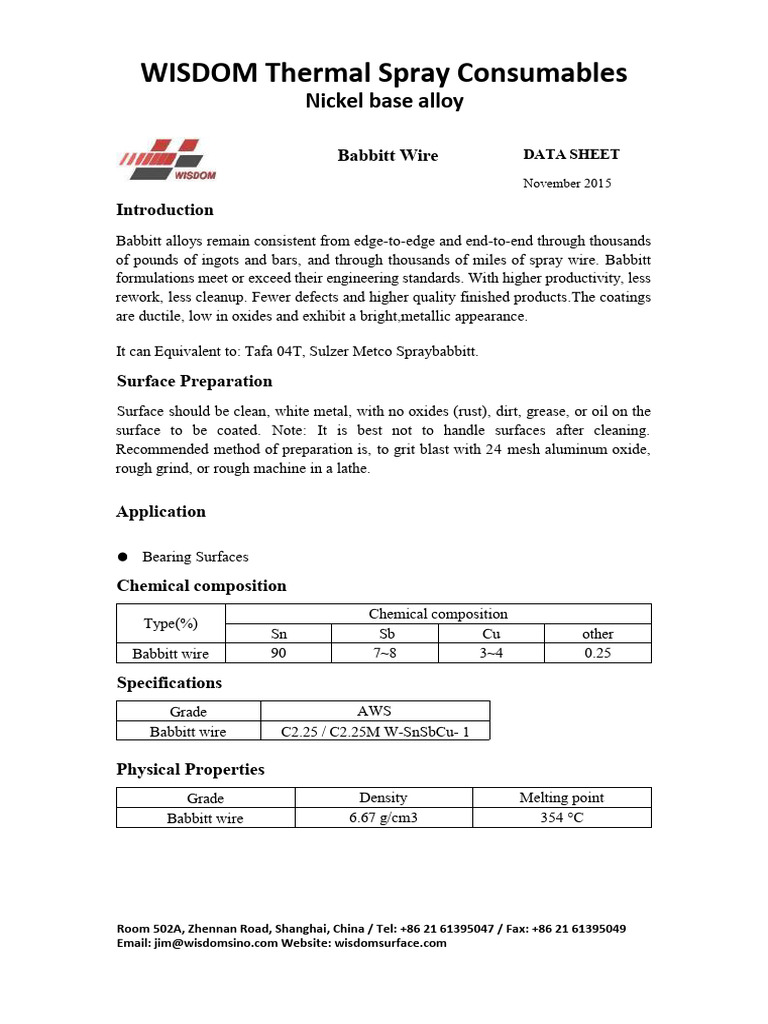 Babbitt Wire Specifications and Properties | PDF | Wire | Alloy