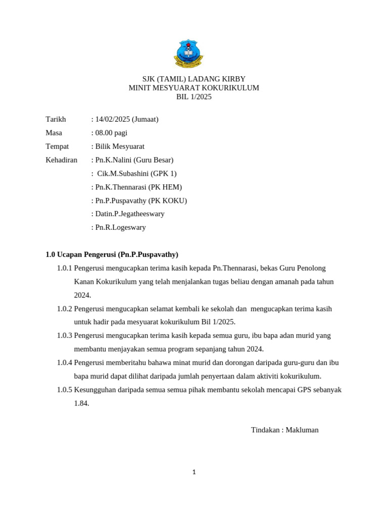 Minit Mesy KK Bil 1 2025i | PDF