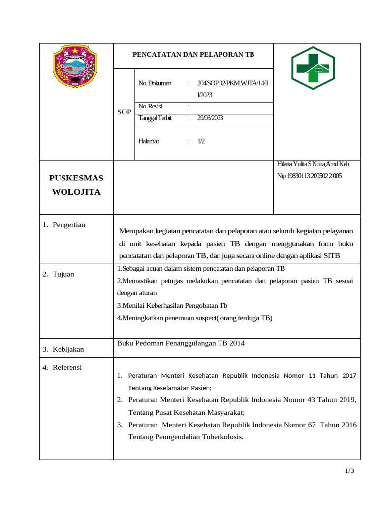 SOP Pencatatan Dan Pelaporan TB | PDF