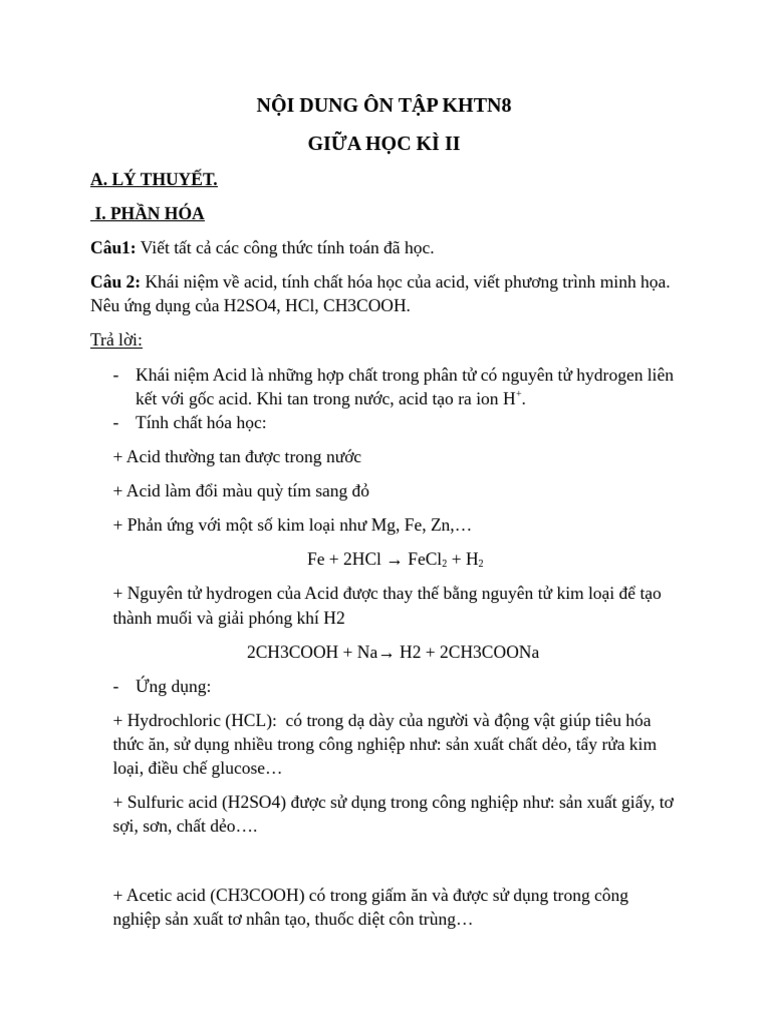 NỘI DUNG ÔN TẬP PHẦN LÝ HÓA SINH 8 TRONG KHTN8 GIỮA HỌC KÌ II | PDF