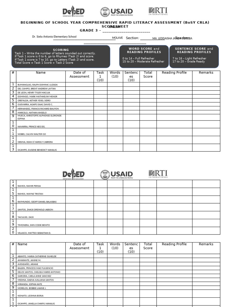 Grade 3 Literacy Assessment Scoresheet | PDF | Applied Linguistics ...