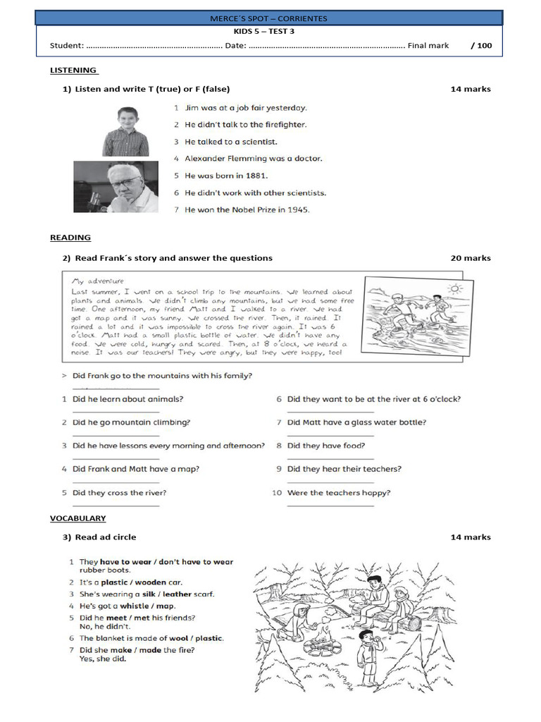 KIDS 5 - TEST 3 | PDF