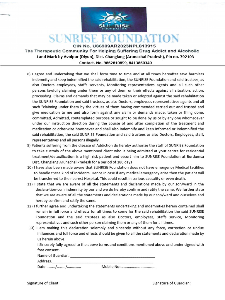 Sunrise Rehab Admissiontform | PDF | Drug Rehabilitation | Indemnity