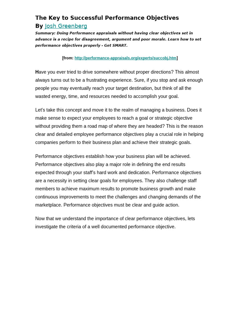 The Key To Successful Performance Objectives | PDF | Goal | Performance Appraisal