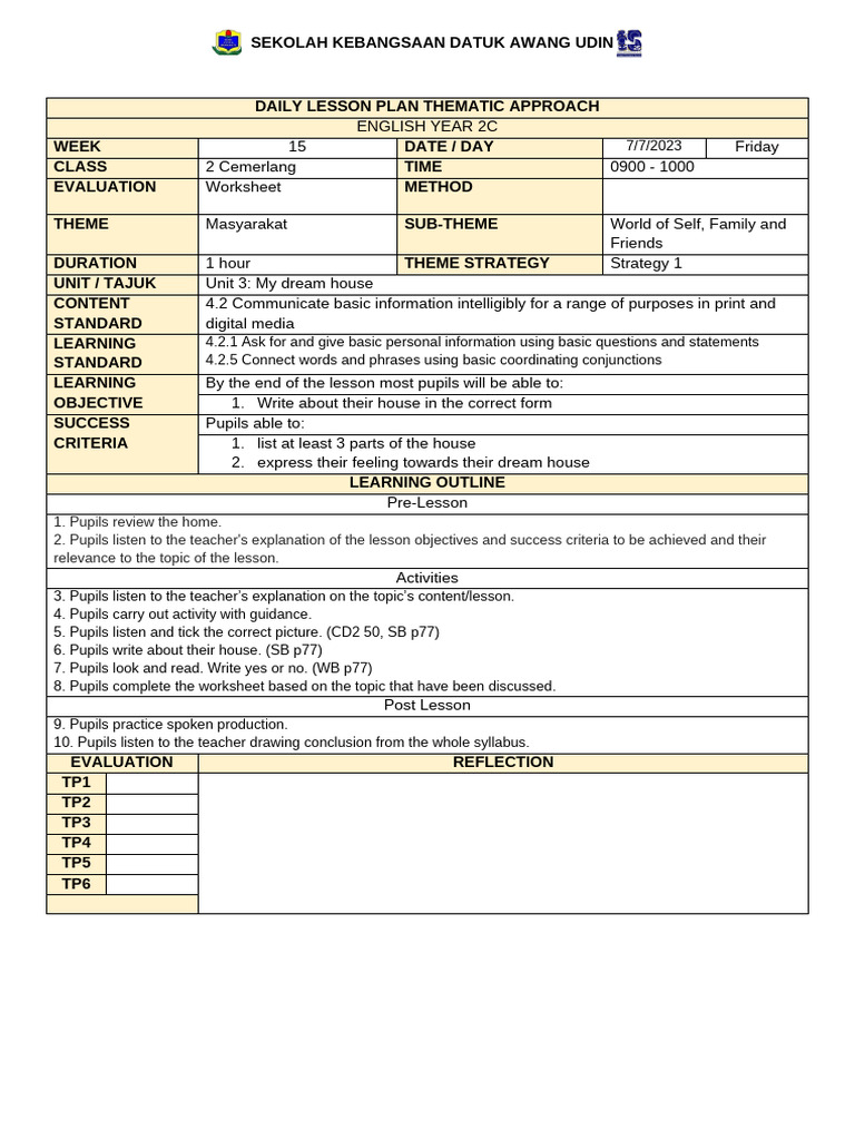 RPH Pendekatan Bertema Skdau (Eng) 2C | PDF | Lesson Plan | Cognition