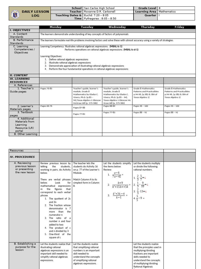 Math 8 Quarter 1 Week 3 | PDF | Factorization | Rational Number
