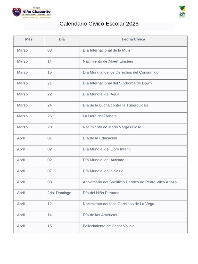 Calendario Cívico Escolar 2025 Perú | PDF | Perú | América del Sur