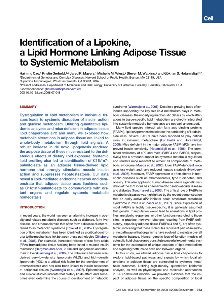 Lipokine Links Adipose Tissue to Metabolism | PDF | Adipose Tissue | Lipid