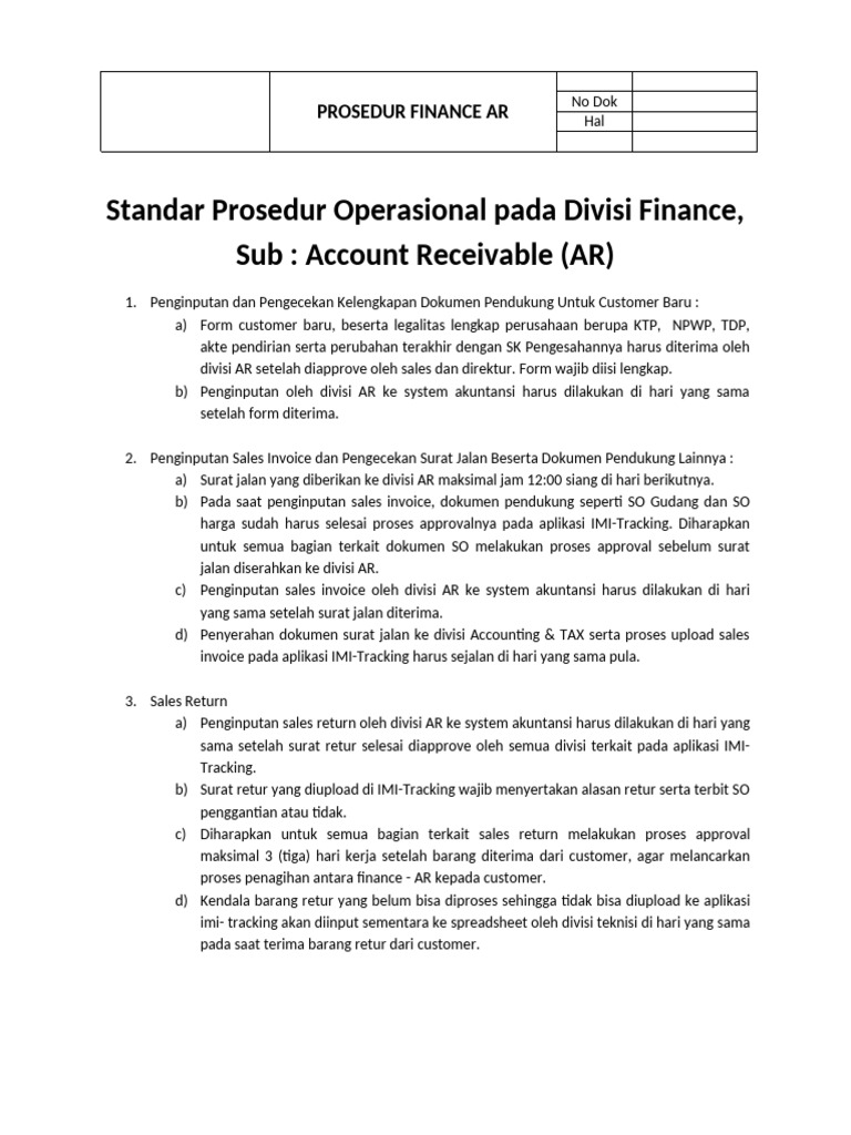 Standar Prosedur Operasional Pada Divisi Finance | PDF