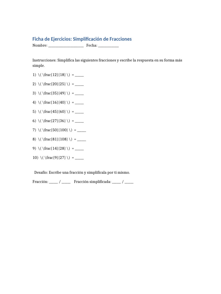 Ejercicios de Simplificación de Fracciones | PDF