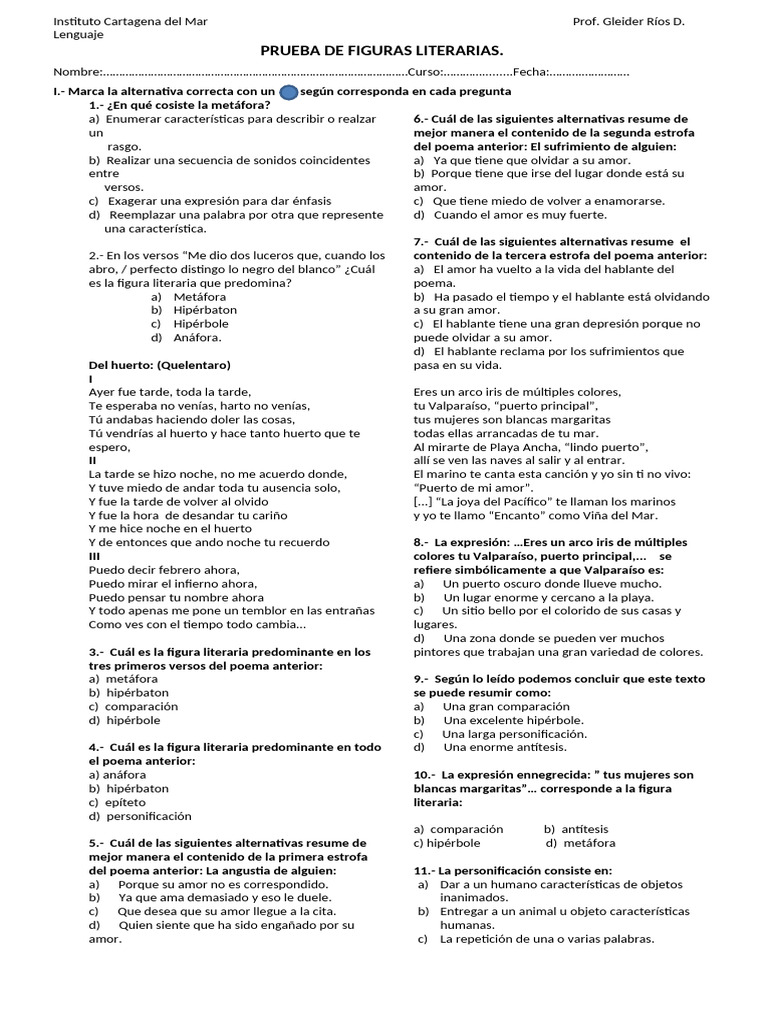 Prueba de Figuras Literarias en Lenguaje | PDF | Metáfora | Amor