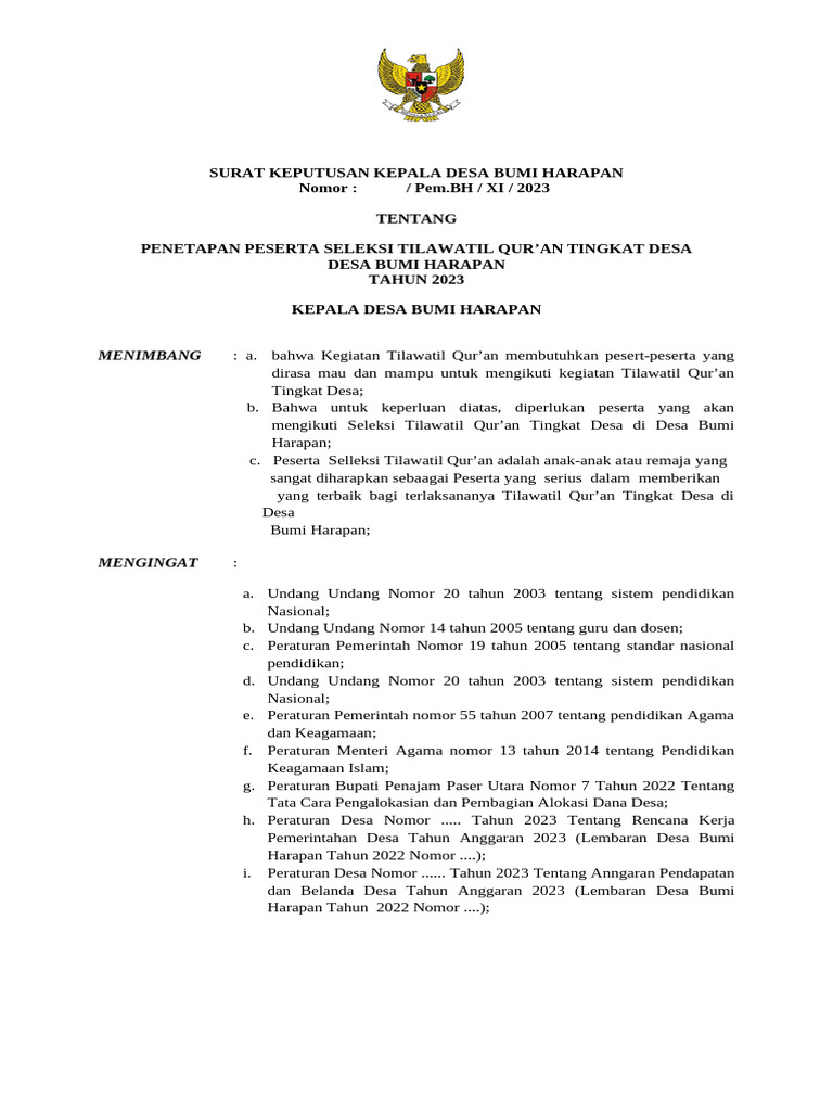 SK Peserta STQ Desa | PDF