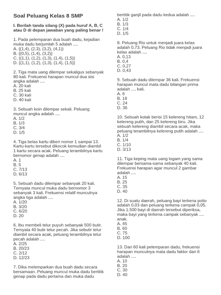 Soal Peluang Kelas 8 SMP Lengkap | PDF
