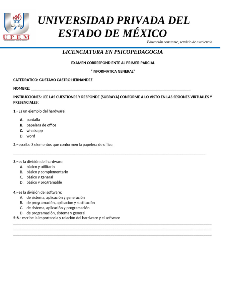 Examen Correspondiente Al Primer Parcial Informatica | PDF | Hardware de la computadora ...